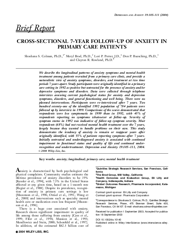 (PDF) Cross-sectional 7-year follow-up of anxiety in primary care patients