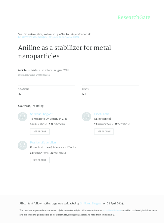 (PDF) Aniline as a stabilizer for metal nanoparticles