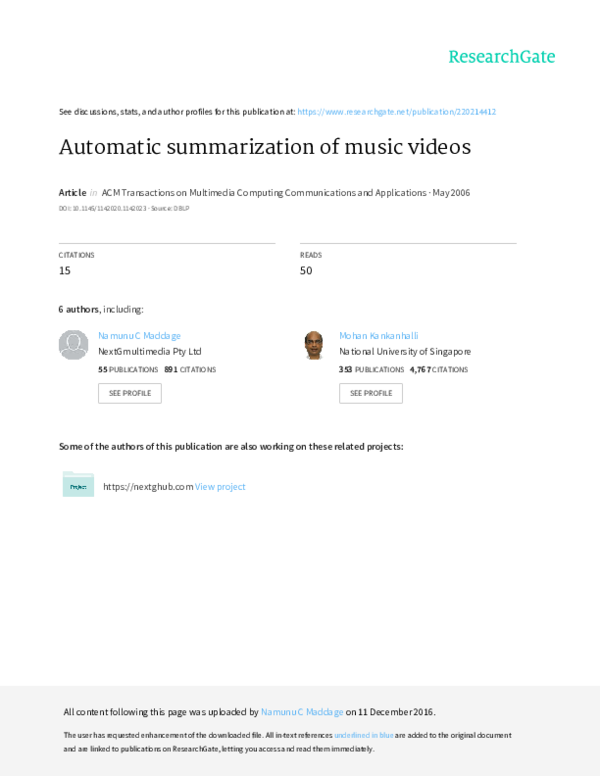(PDF) Automatic summarization of music videos