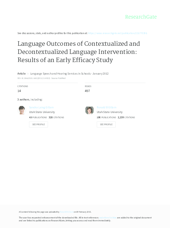 (PDF) Language Outcomes of Contextualized and Decontextualized Language Intervention: Results of ...