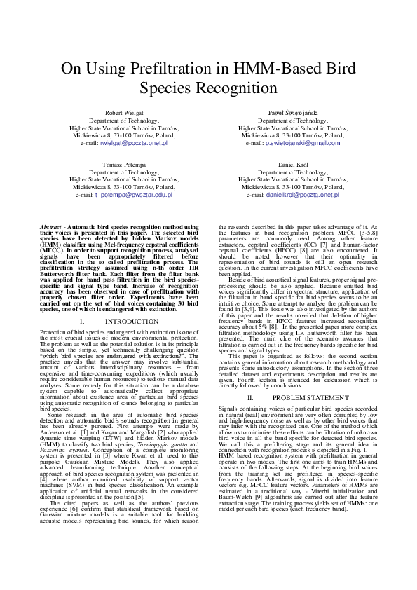 (PDF) On using prefiltration in HMM-based bird species recognition