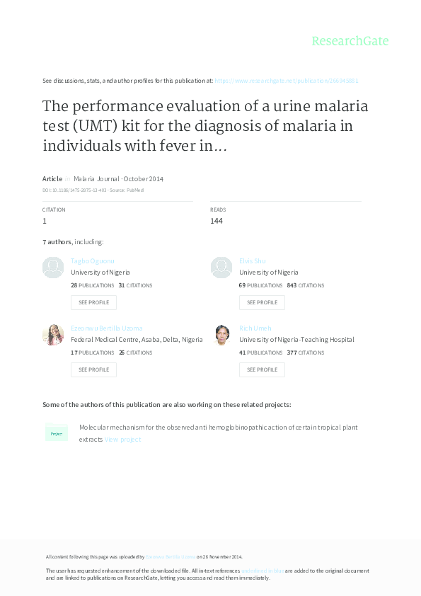 The performance evaluation of a urine malaria test (UMT) kit for the ...