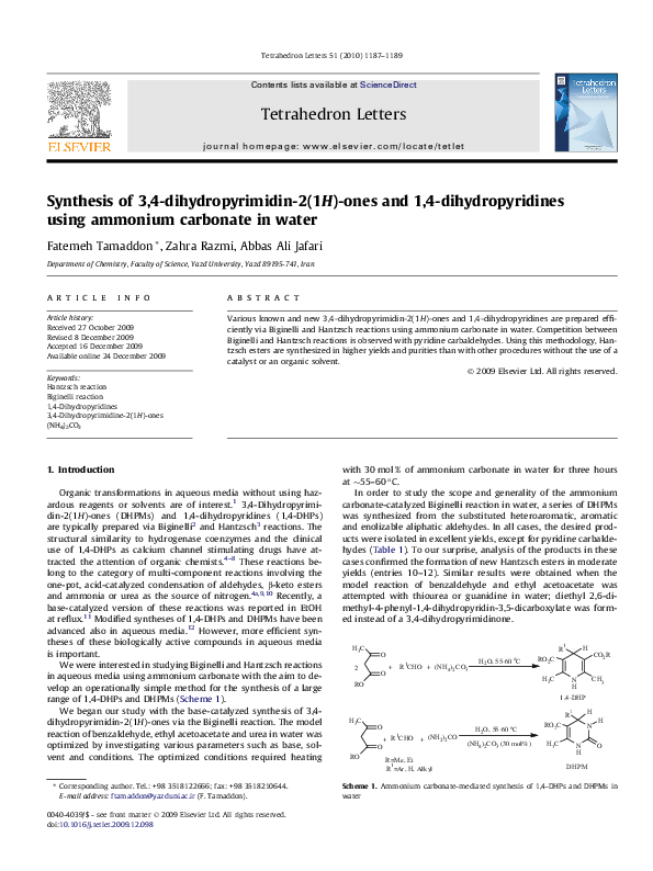 (PDF) Synthesis of 3, 4-dihydropyrimidin-2 (1H)-ones and 1, 4-dihydropyridines using ammonium ...