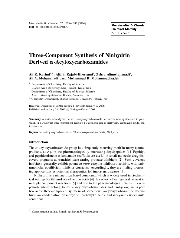 (PDF) Three-component synthesis of ninhydrin derived α-acyloxycarboxamides
