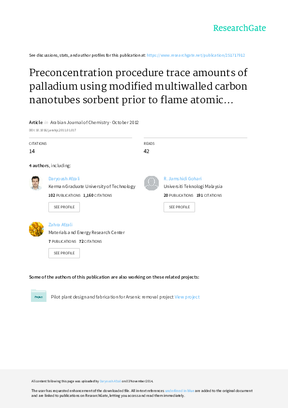 Pdf Preconcentration Procedure Trace Amounts Of Palladium Using Modified Multiwalled Carbon