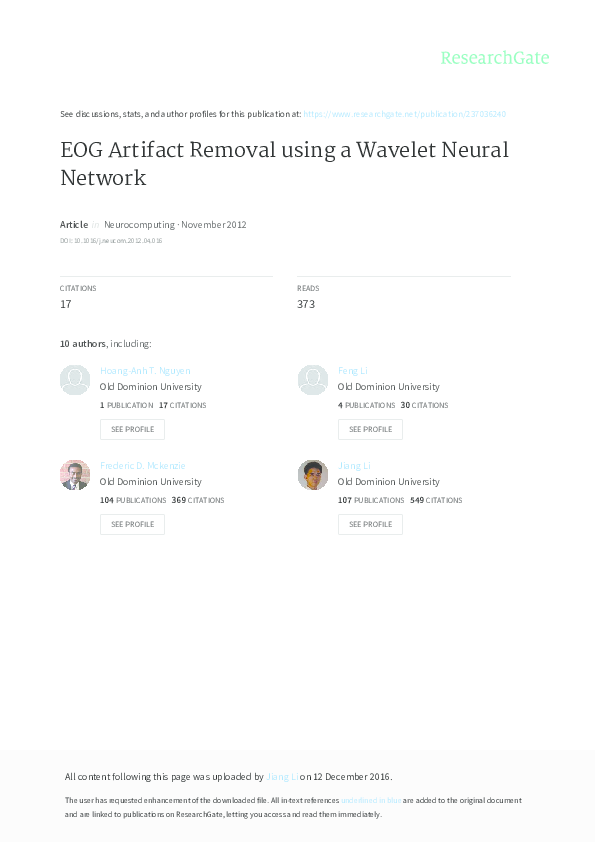 (PDF) WNN for EOG Artifact Removal from EEG Signals