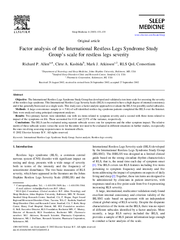 (PDF) Factor analysis of the International Restless Legs Syndrome Study ...