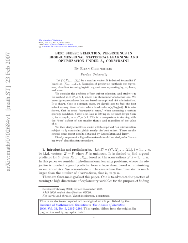 Pdf Best Subset Selection Persistence In High Dimensional Statistical Learning And