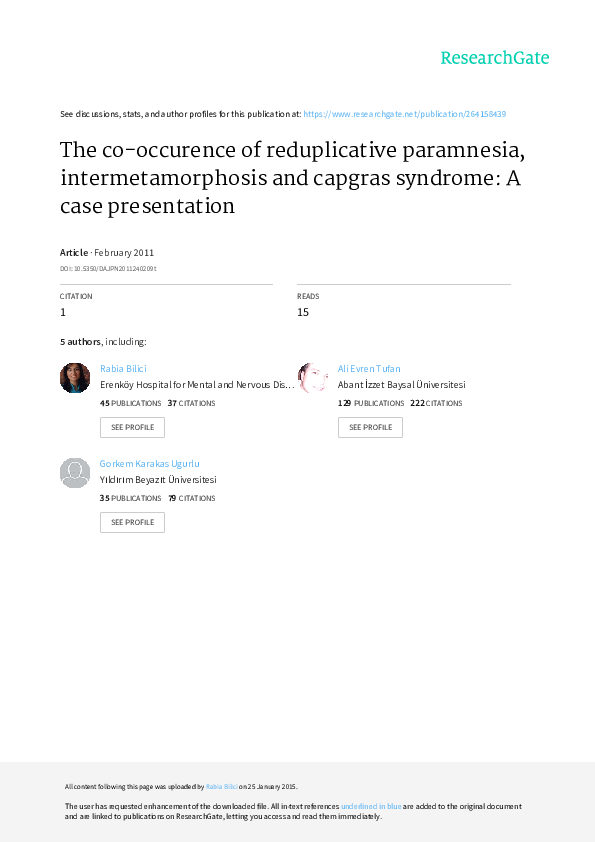 (PDF) The co-occurence of reduplicative paramnesia, intermetamorphosis ...