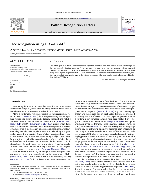 (PDF) Face recognition using HOG–EBGM
