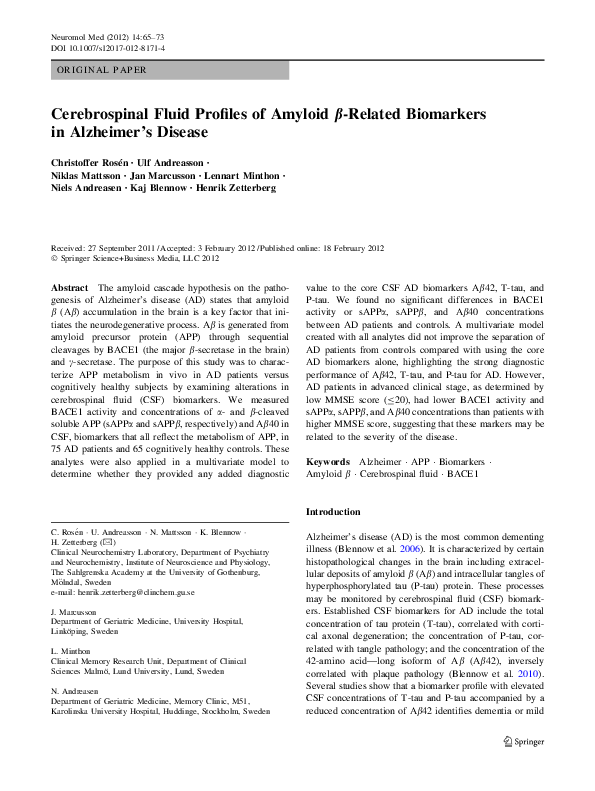 (PDF) Cerebrospinal Fluid Profiles of Amyloid β-Related Biomarkers in ...