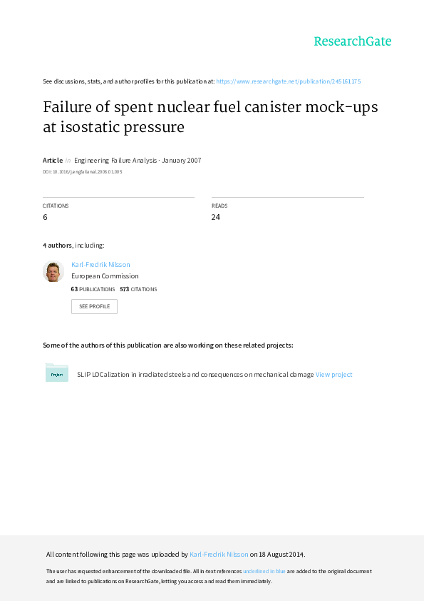 (PDF) Failure of spent nuclear fuel canister mock-ups at isostatic pressure