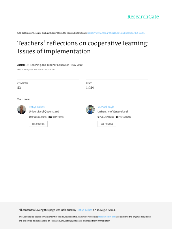 (PDF) Teachers' reflections on cooperative learning: Issues of implementation