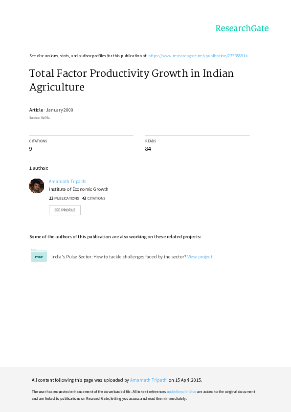 (PDF) Total Factor Productivity Growth in Indian Agriculture