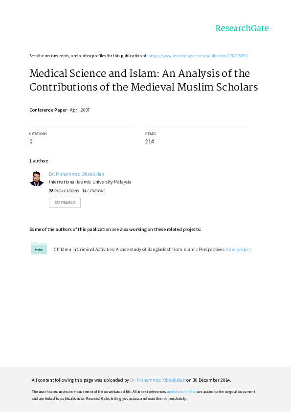(PDF) Medical Science and Islam: An Analysis of the Contributions of ...