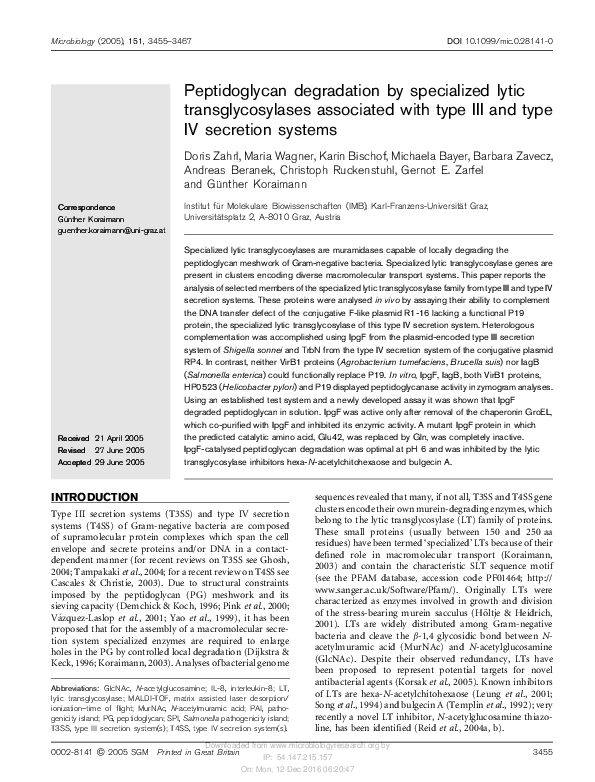 (PDF) Lytic Transglycosylase MltB of Escherichia coli and Its Role in ...