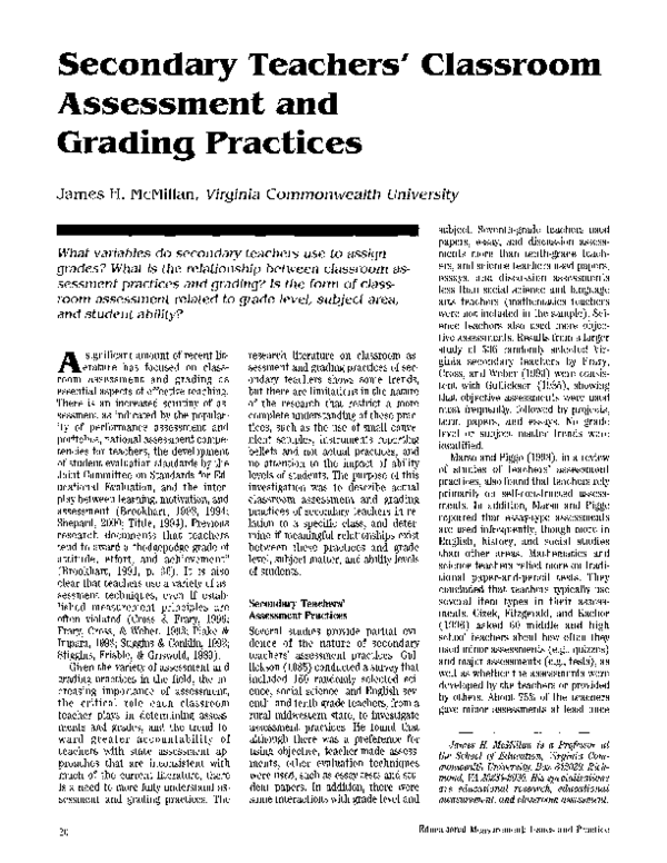(PDF) Secondary teachers' classroom assessment and grading practices