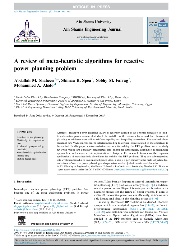 Pdf A Review Of Meta Heuristic Algorithms For Reactive Power Planning Problempdf