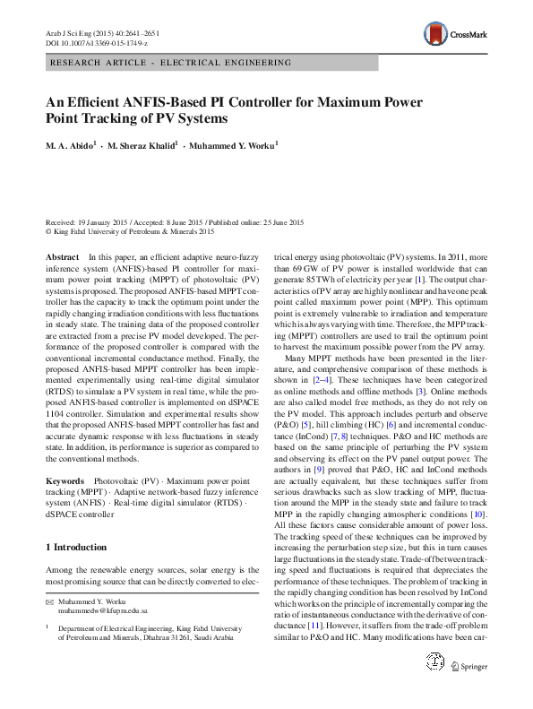 Pdf An Efficient Anfis Based Pi Controller For Maximum Power Point Tracking Of Pv Systems