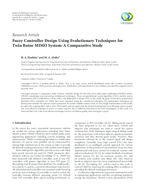 (PDF) Fuzzy Controller Design Using Evolutionary Techniques for Twin Rotor MIMO System: A ...
