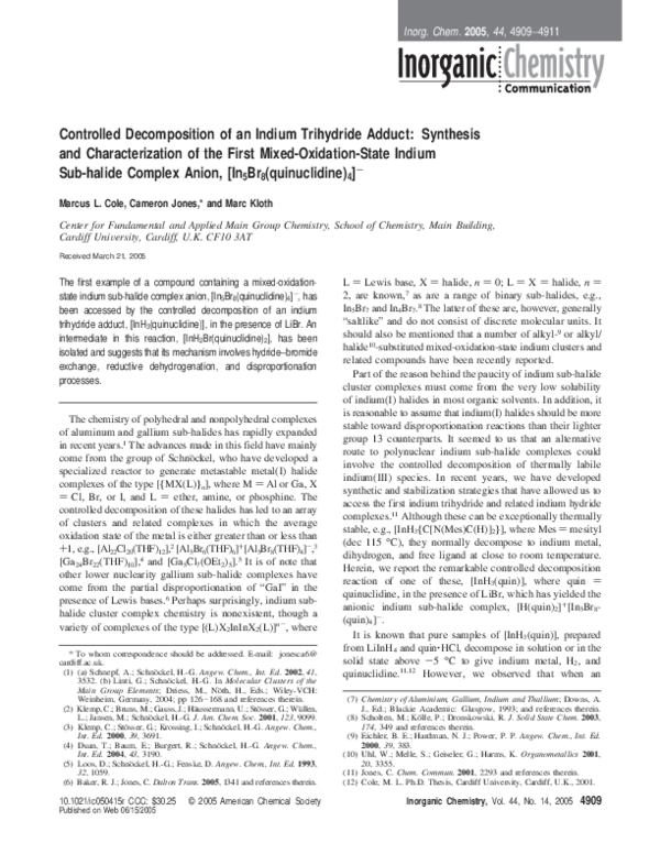 (PDF) Controlled Decomposition of an Indium Trihydride Adduct: Synthesis and Characterization of ...