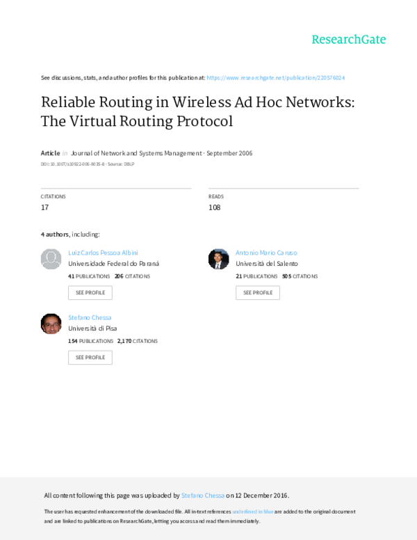 (PDF) Reliable Routing in Wireless Ad Hoc Networks: The Virtual Routing Protocol