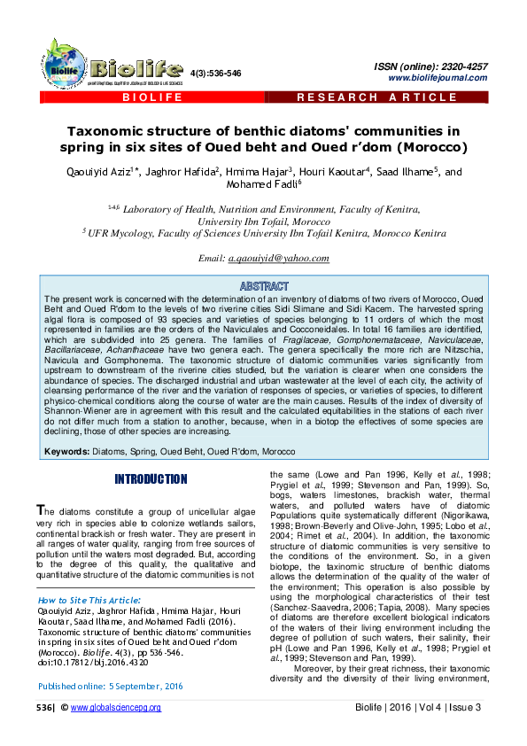 (PDF) Taxonomic structure of benthic diatoms' communities in spring in ...