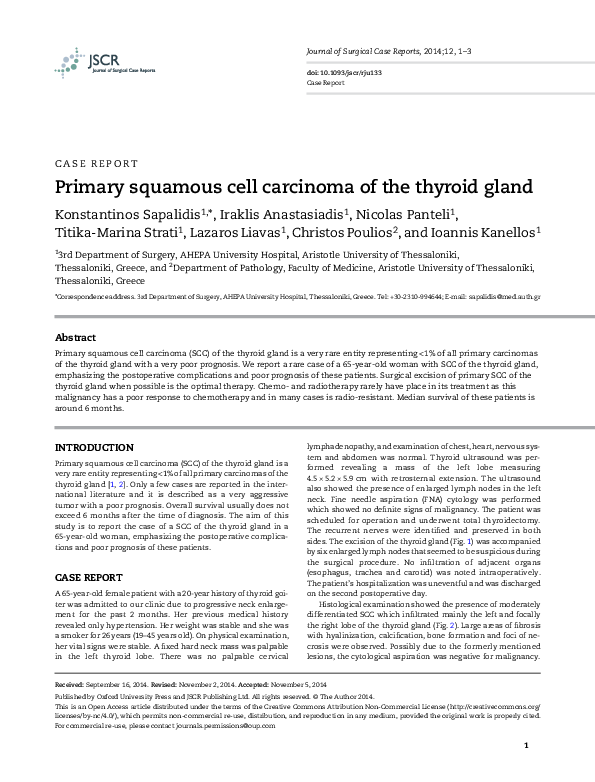 (PDF) Primary squamous cell carcinoma of the thyroid: immunohistochemical profile and literature ...