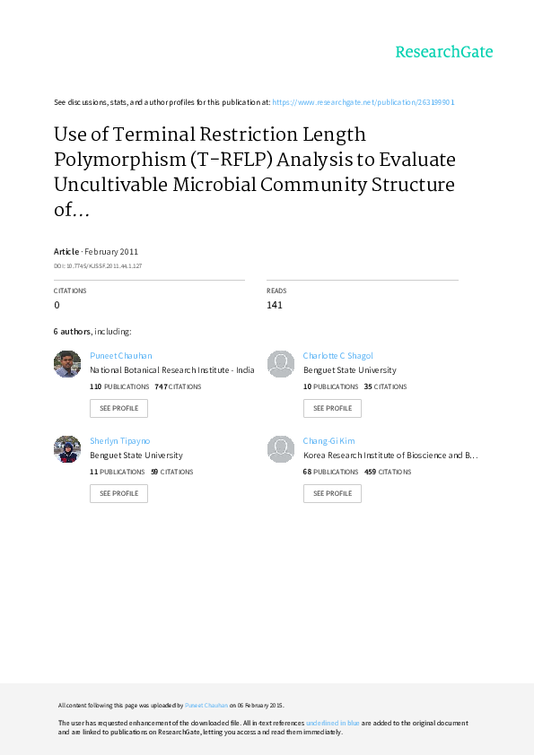 Pdf Use Of Terminal Restriction Length Polymorphism T Rflp Analysis To Evaluate Uncultivable