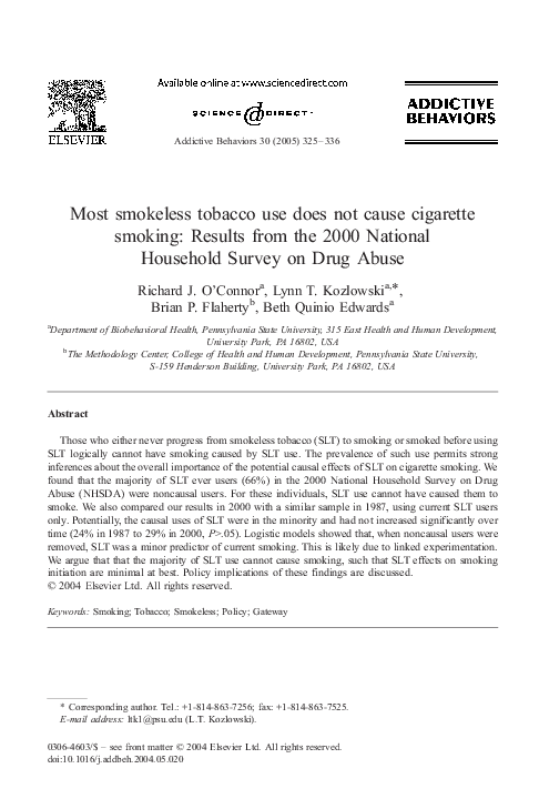 (PDF) Most smokeless tobacco use does not cause cigarette smoking: results from the 2000 ...