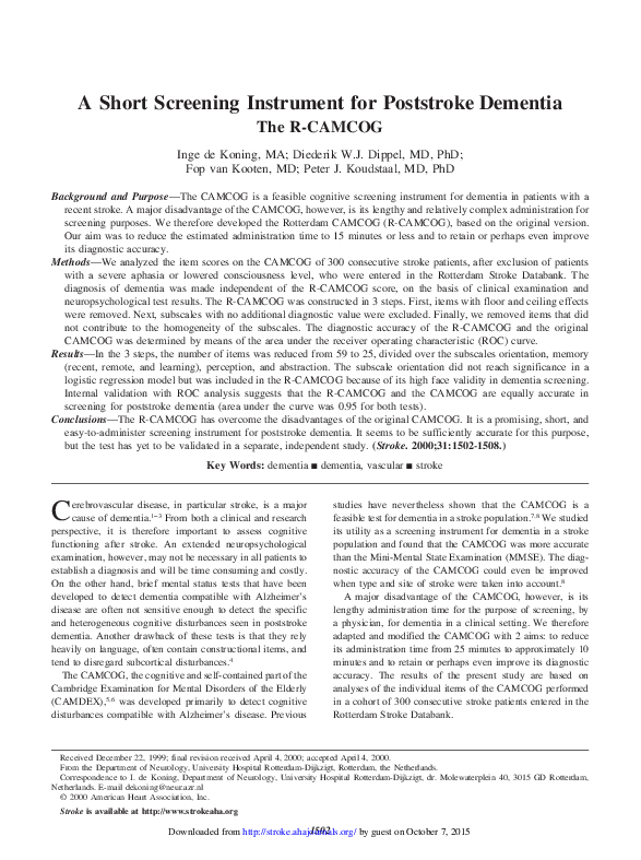 (PDF) A Short Screening Instrument for Poststroke Dementia : The R-CAMCOG