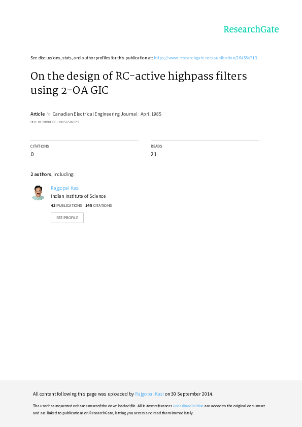 Pdf On The Design Of Rc Active Highpass Filters Using 2 Oa Gic