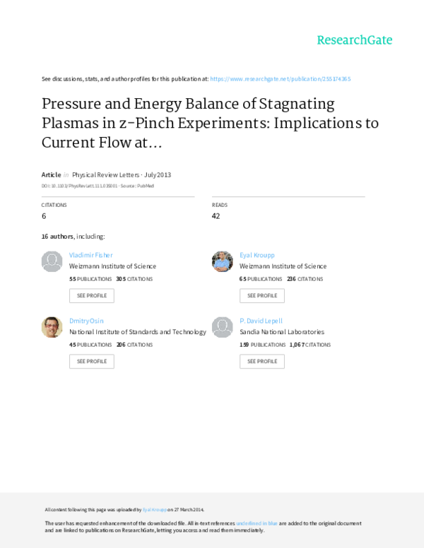 (PDF) Pressure and Energy Balance of Stagnating Plasmas in z-Pinch ...