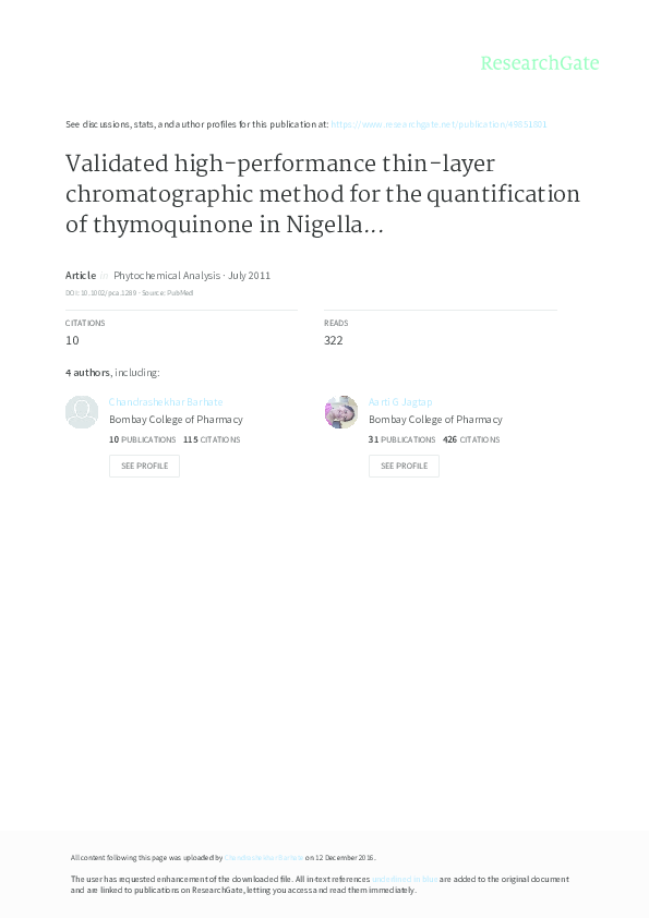 Pdf Validated High Performance Thin Layer Chromatographic Method For