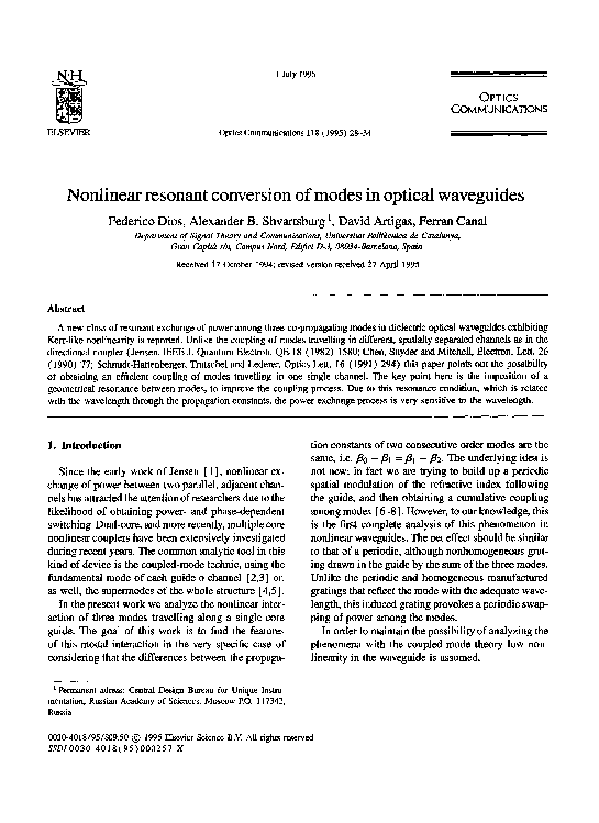 Pdf Nonlinear Resonant Conversion Of Modes In Optical Waveguides
