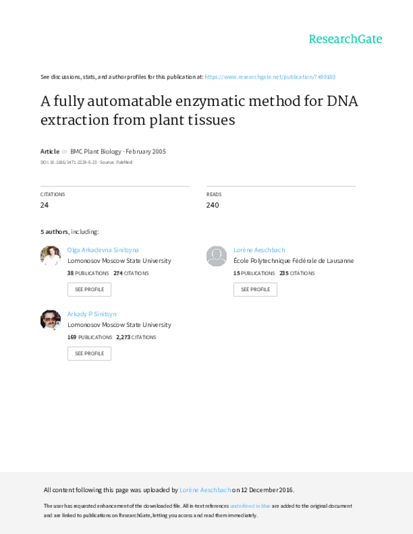 Pdf A Fully Automatable Enzymatic Method For Dna Extraction From Plant Tissues