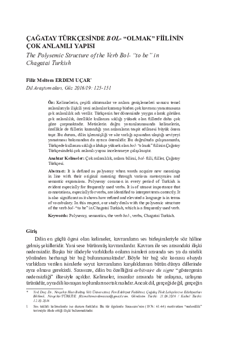 (PDF) ÇAĞATAY TÜRKÇESİNDE BOL- " OLMAK " FİİLİNİN ÇOK ANLAMLI YAPISI ...