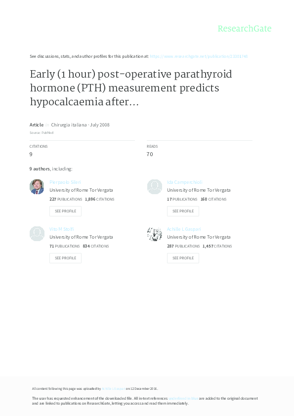 (PDF) Early (1 hour) post-operative parathyroid hormone (PTH) measurement predicts hypocalcaemia ...