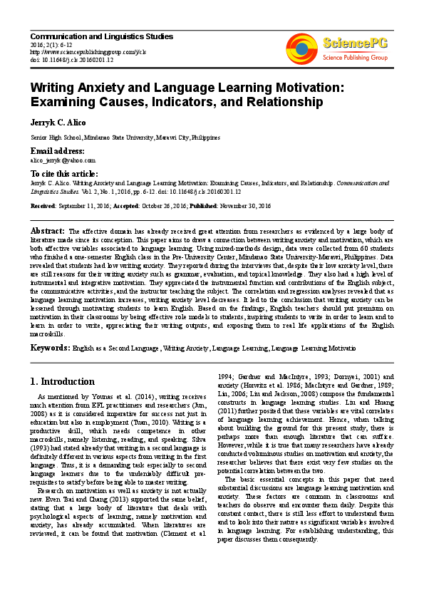 (PDF) Writing Anxiety and Language Learning Motivation: Examining ...