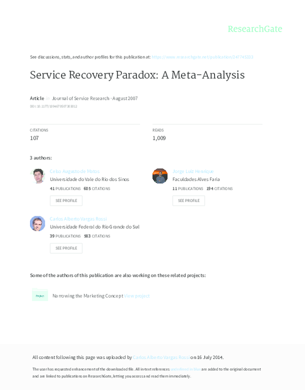 (PDF) Service recovery paradox: a meta-analysis