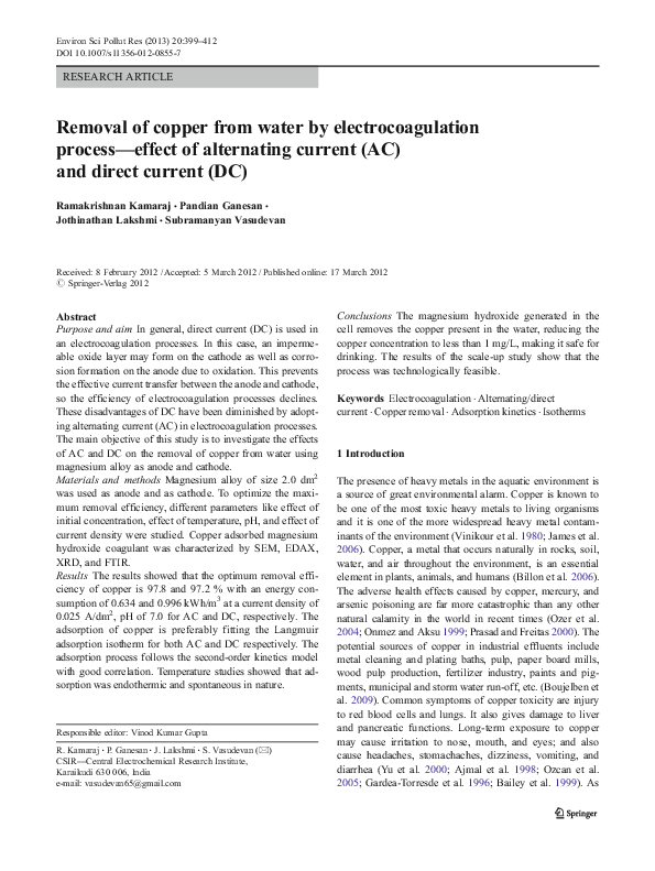 (PDF) Removal of copper from water by electrocoagulation process—effect ...