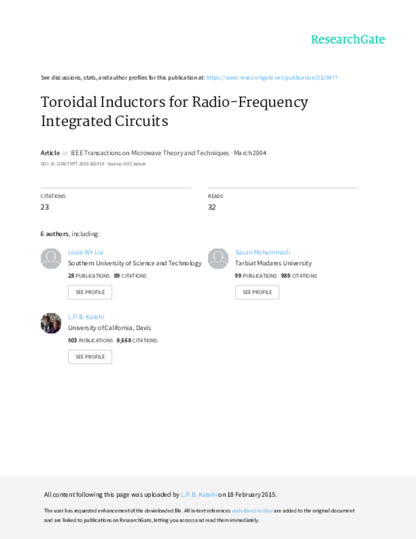 Pdf Toroidal Inductors For Radio Frequency Integrated Circuits