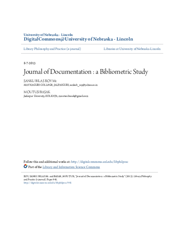 Journal of Documentation : a Bibliometric Study