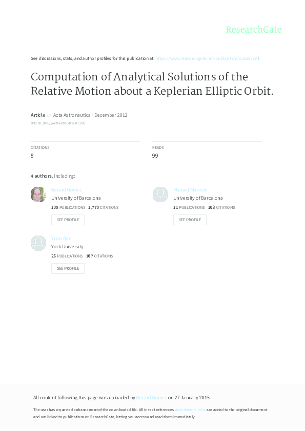 (PDF) Computation of analytical solutions of the relative motion about a Keplerian elliptic orbit