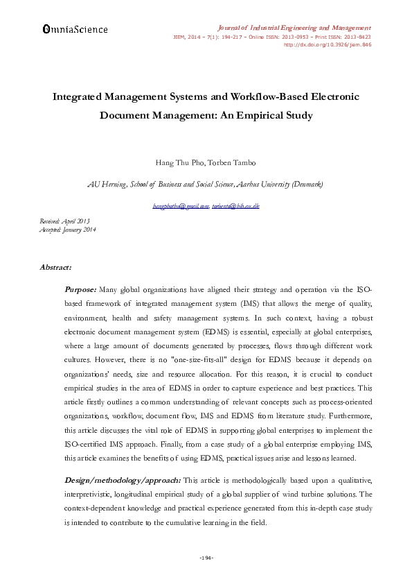 (PDF) Integrated management systems and workflow-based electronic ...