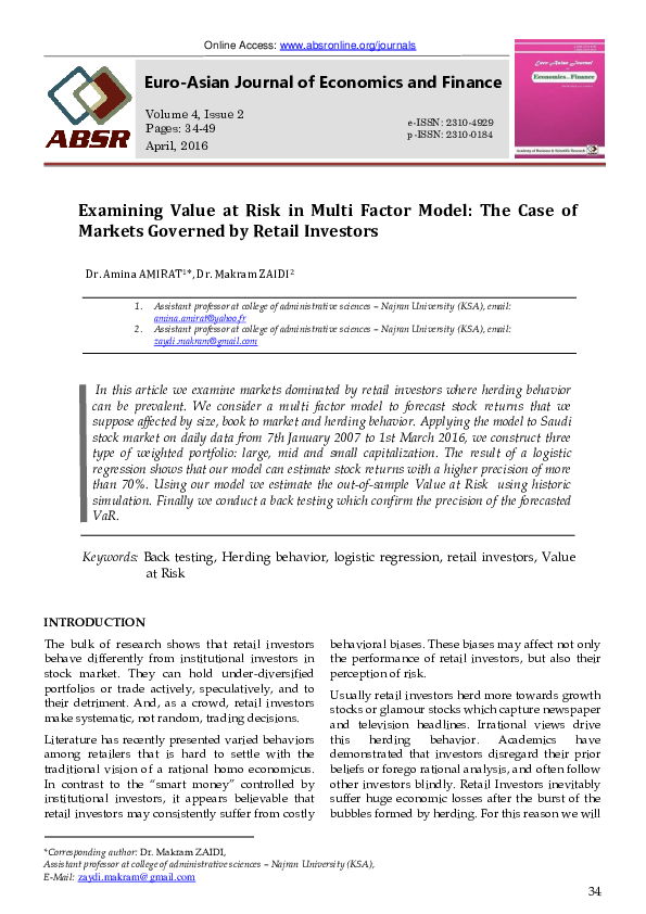 (PDF) Examining Value at Risk in Multi Factor Model: The Case of ...