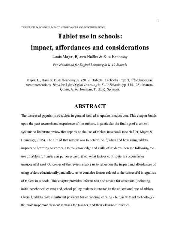(PDF) Tablet Use in Schools: Impact, Affordances and Considerations