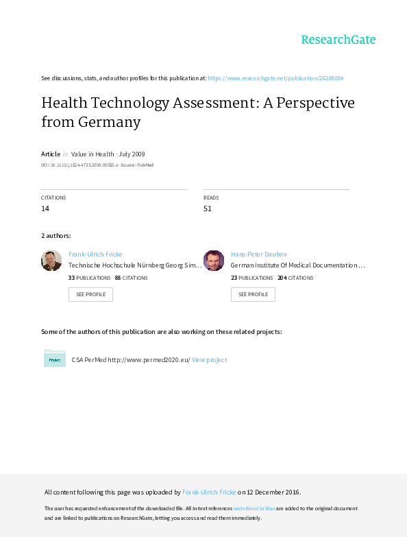 (PDF) Health technology assessment: A perspective from Germany