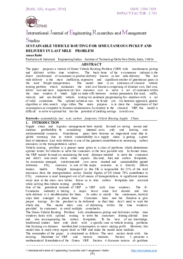 (PDF) SUSTAINABLE VEHICLE ROUTING FOR SIMULTANEOUS PICKUP AND DELIVERY ...