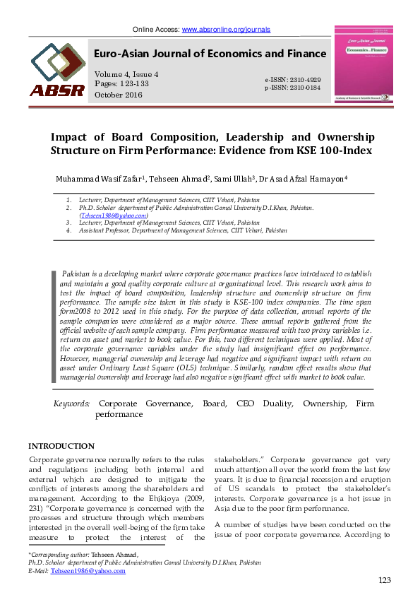 (PDF) Impact of Board Composition, Leadership and Ownership Structure on Firm Performance ...
